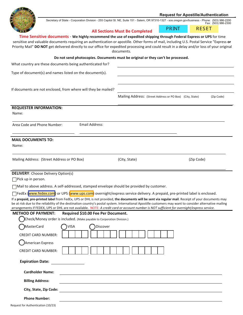 Oregon Request for Apostille/Authentication - Fill Out, Sign Online and ...