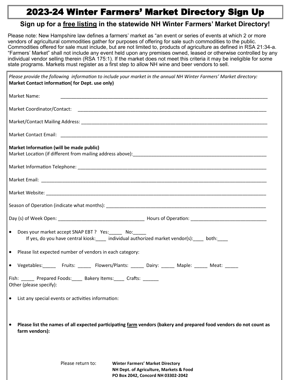 2024 New Hampshire Winter Farmers' Market Directory Sign up - Fill Out ...