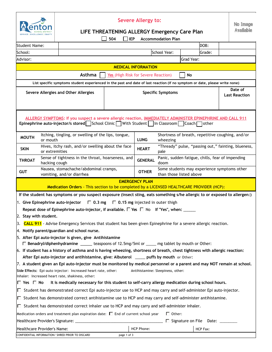 Washington Life Threatening Allergy Emergency Care Plan - Fill Out ...