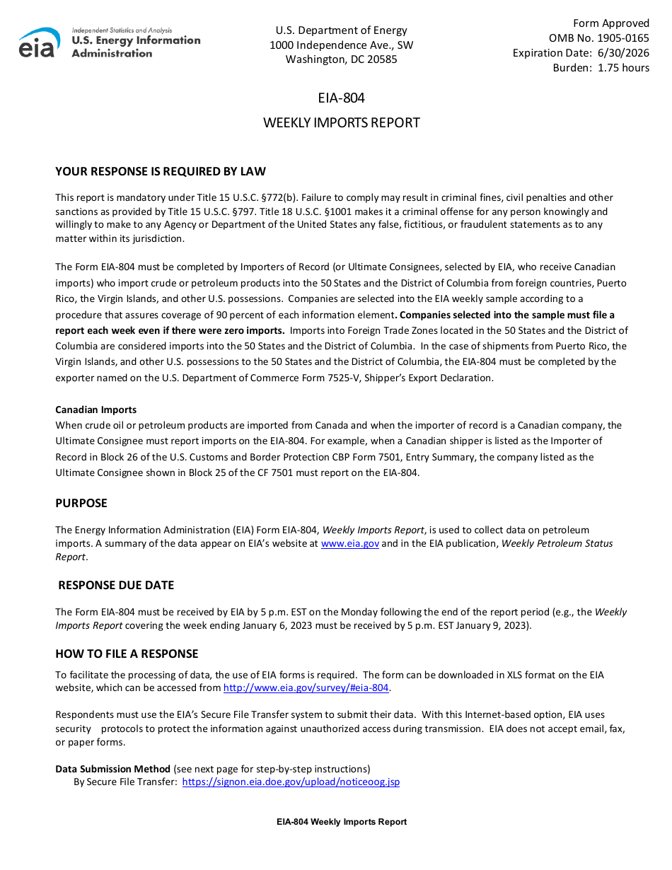 Download Instructions for Form EIA-804 Weekly Imports Report PDF ...