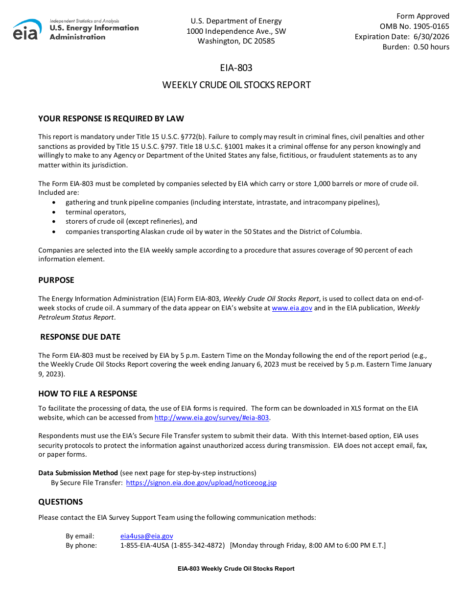 Download Instructions for Form EIA-803 Weekly Crude Oil Stocks Report ...