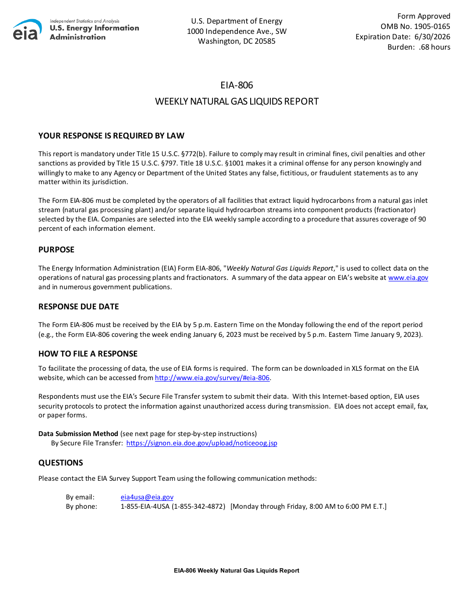 Download Instructions for Form EIA-806 Weekly Natural Gas Liquids ...