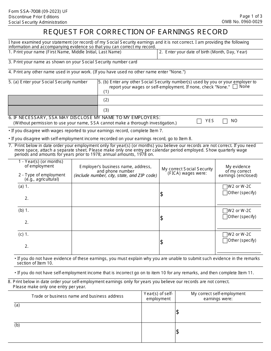Form SSA-7008 Download Fillable PDF or Fill Online Request for ...