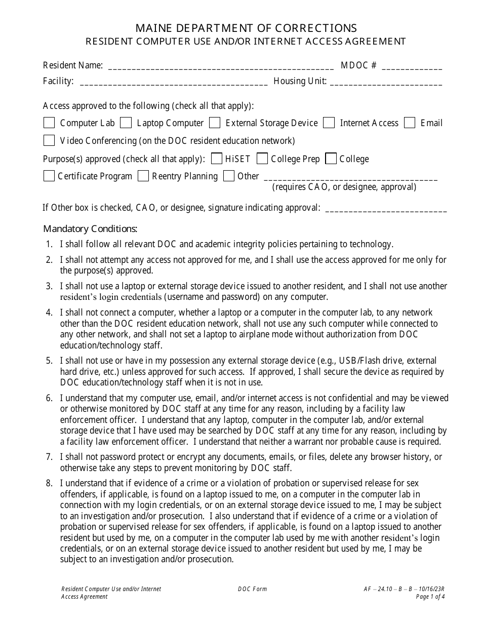 Maine Resident Computer Use and/or Internet Access Agreement - Fill Out, Sign Online and ...