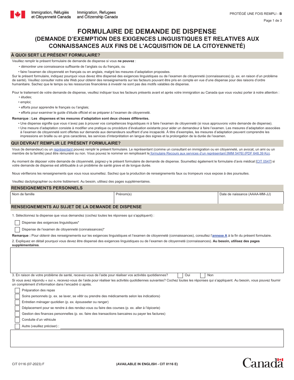 Forme CIT0116 - Fill Out, Sign Online and Download Fillable PDF, Canada (French) | Templateroller