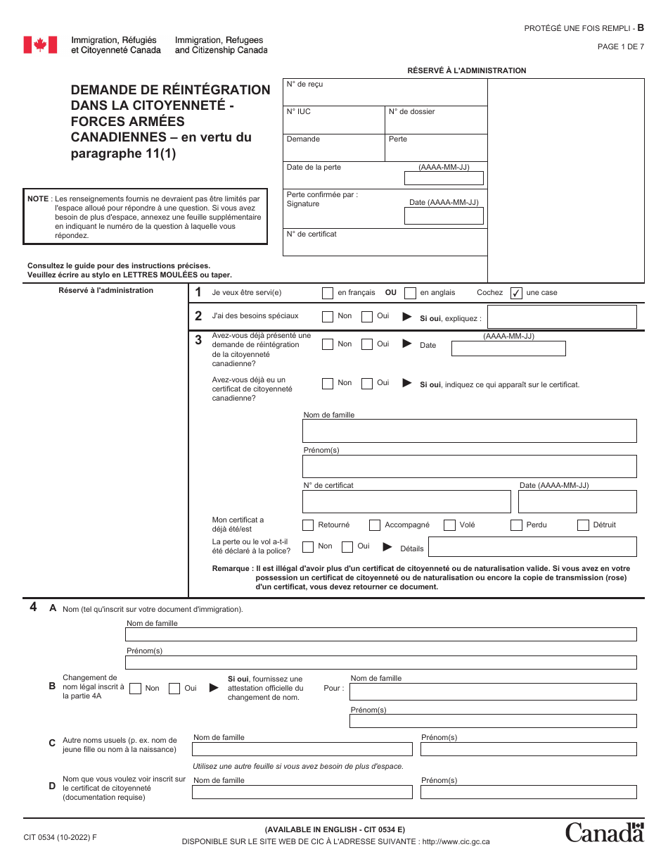Forme CIT0534 - Fill Out, Sign Online and Download Fillable PDF, Canada (French) | Templateroller