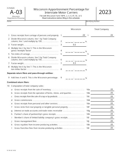 Form IC-301 Schedule A-03 Download Printable PDF or Fill Online Wisconsin Apportionment ...