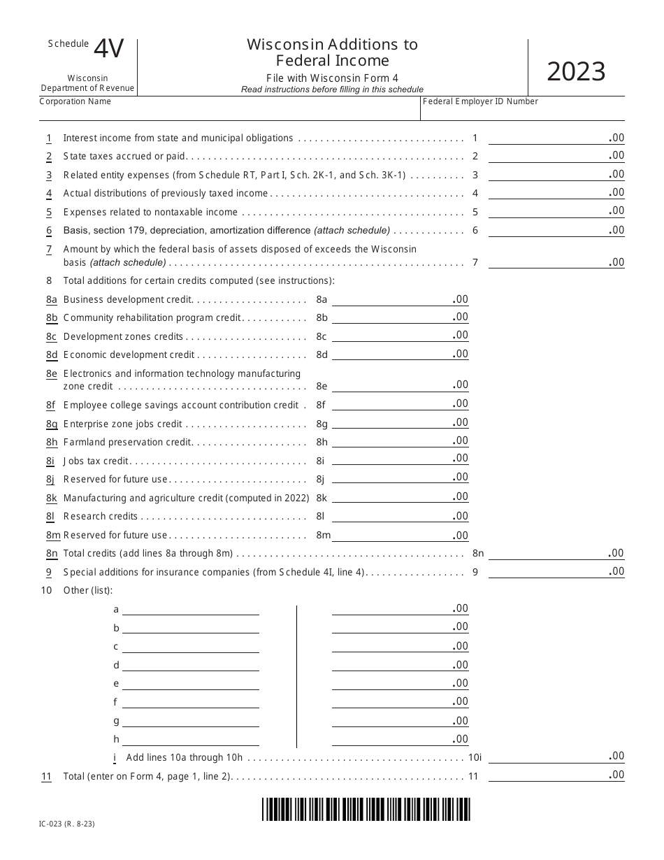 Form IC-023 Schedule 4V Download Printable PDF or Fill Online Wisconsin ...