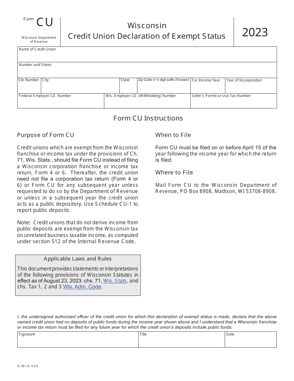 Form CU (IC-081) Download Printable PDF or Fill Online Wisconsin Credit ...