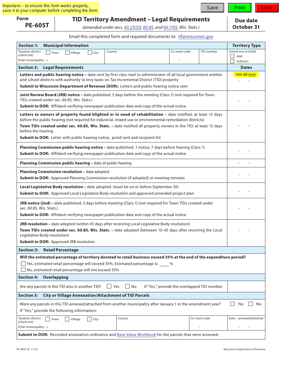 Form PE-605T Download Fillable PDF or Fill Online Tid Territory ...