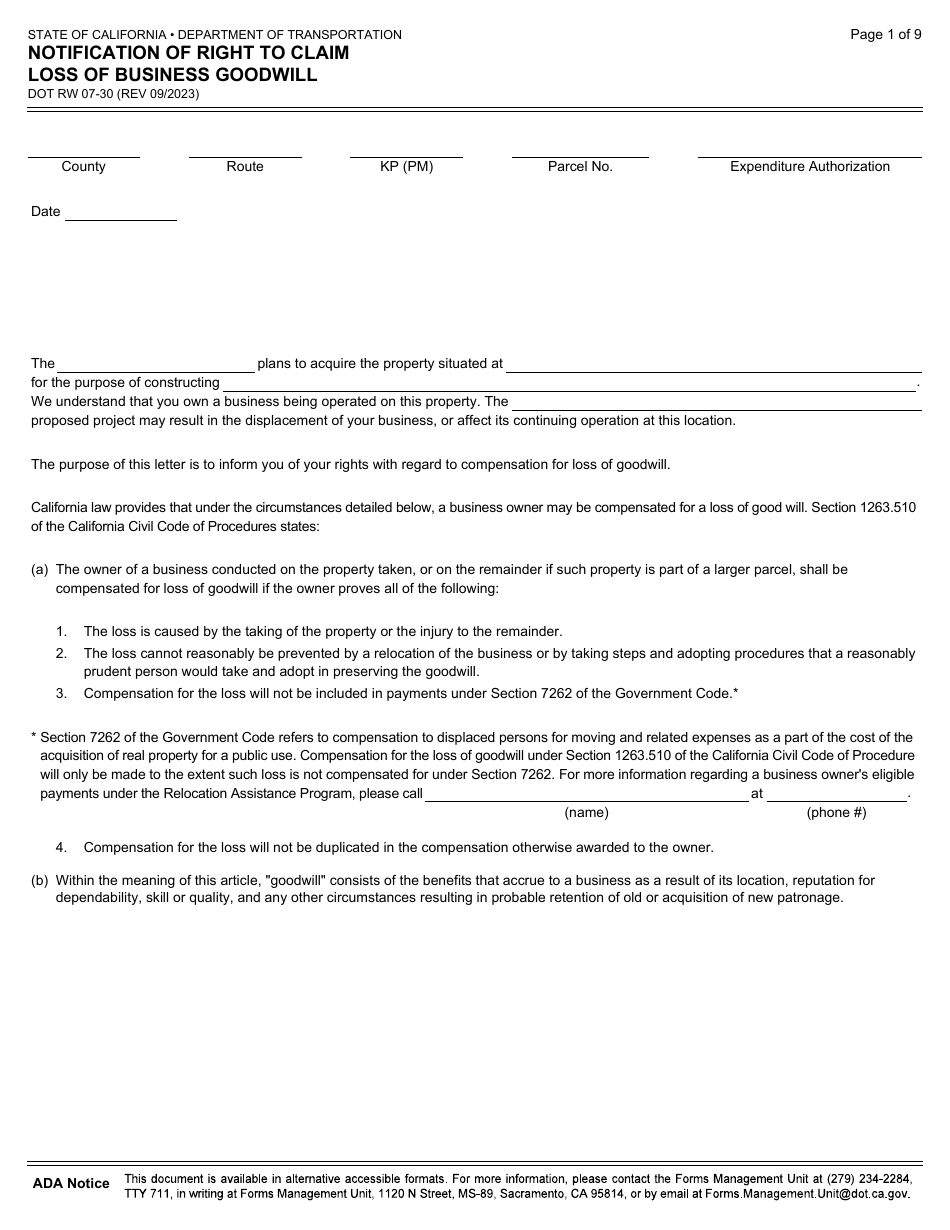 Form DOT RW07-30 - Fill Out, Sign Online and Download Fillable PDF ...