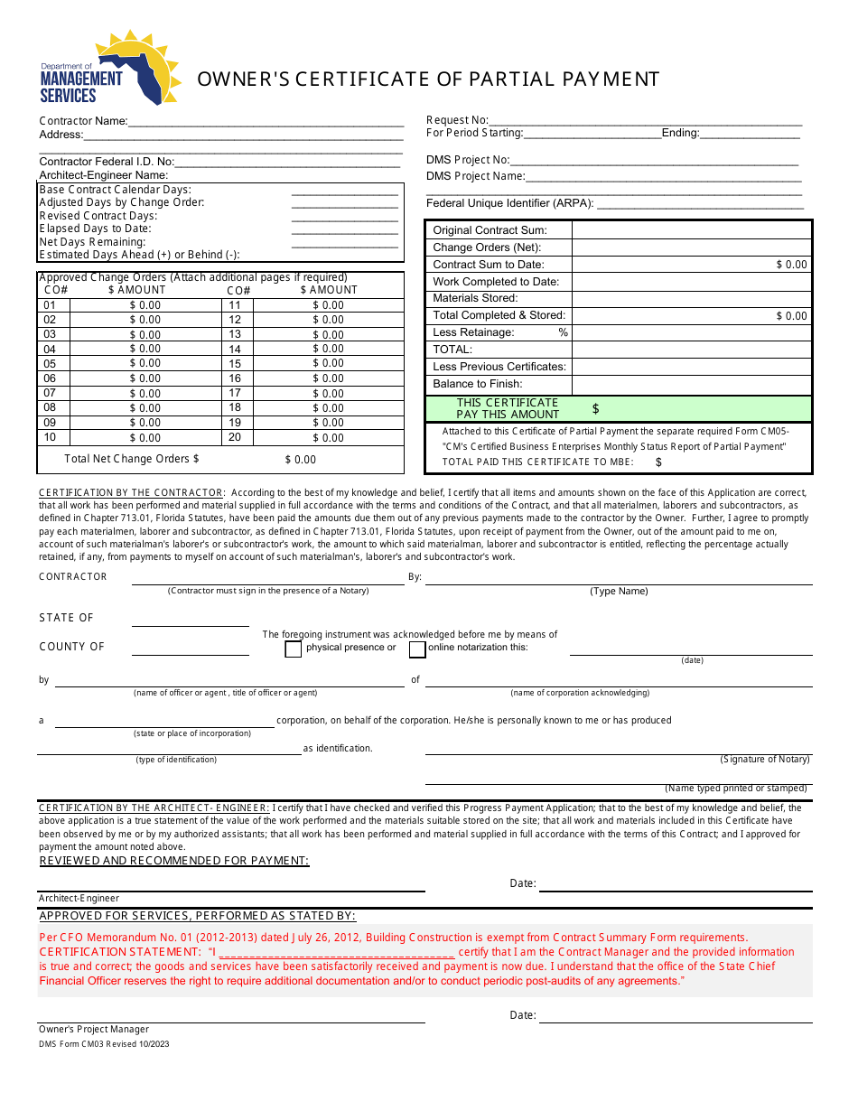 DMS Form CM03 Download Fillable PDF or Fill Online Owner's Certificate ...