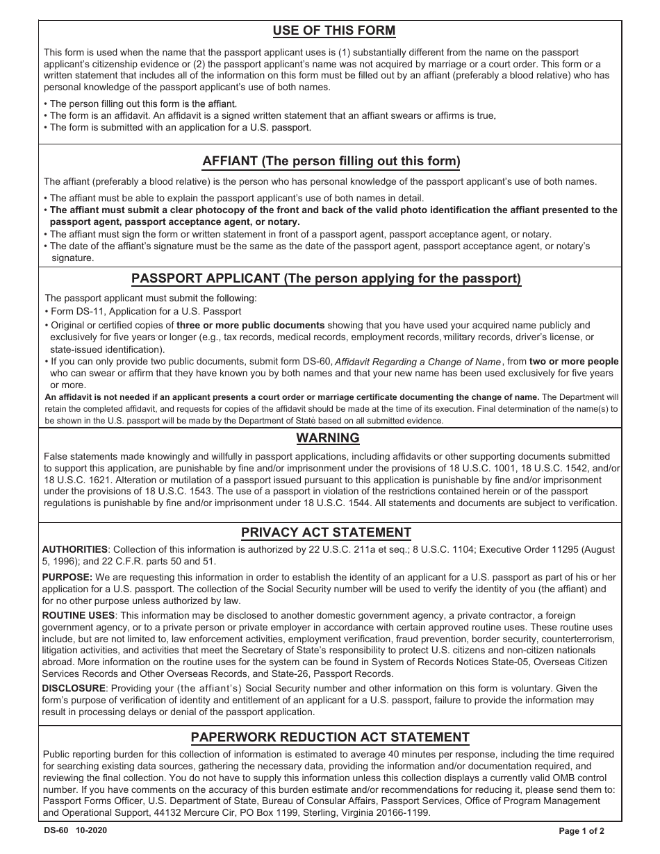 Form DS-60 Download Fillable PDF or Fill Online Affidavit Regarding a ...