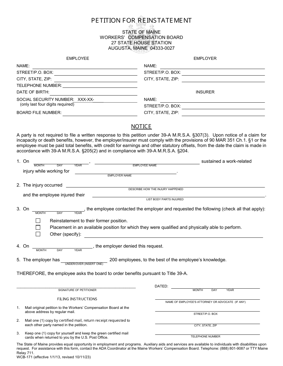 Form WCB-171 Download Fillable PDF or Fill Online Petition for ...