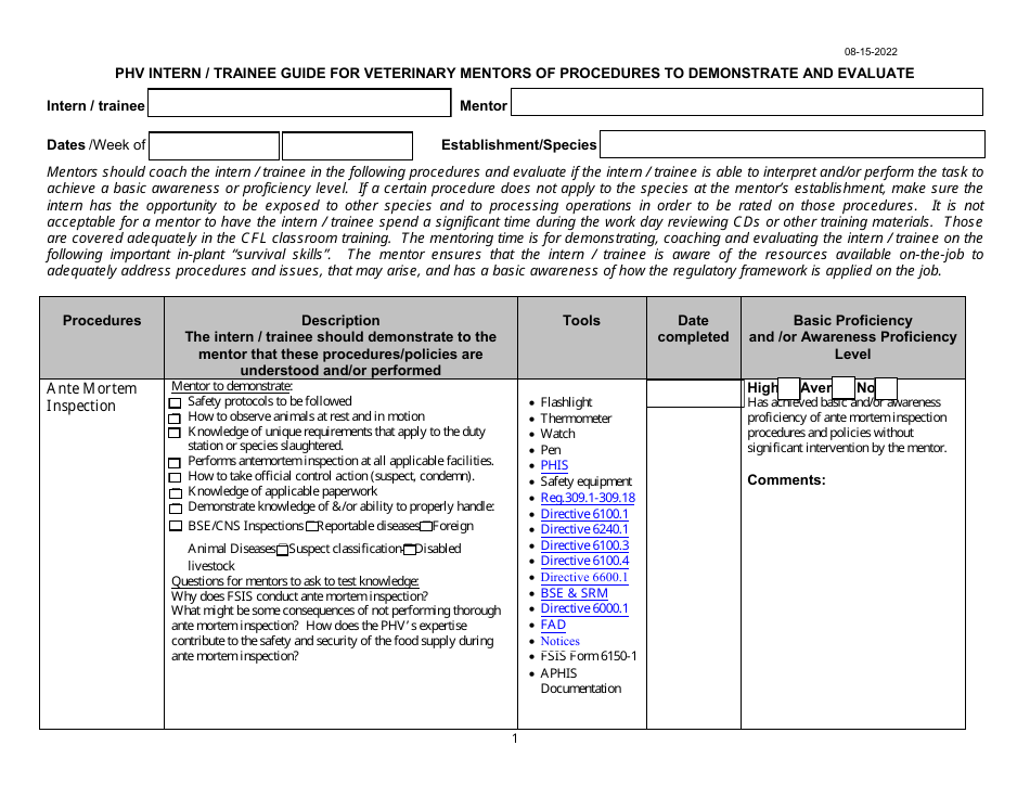 Phv Intern/Trainee Guide for Veterinary Mentors of Procedures to Demonstrate and Evaluate - Fill ...