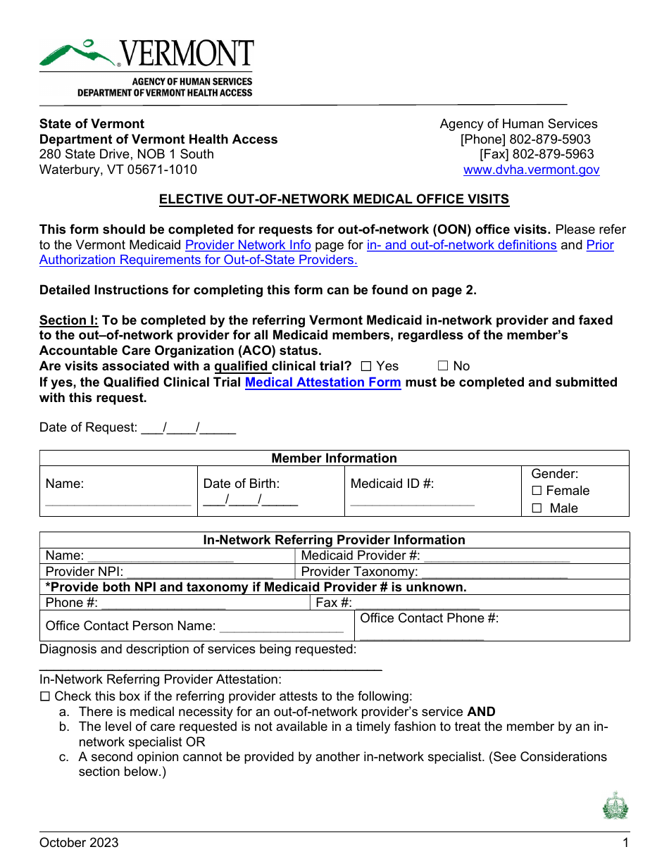 Vermont Elective out-Of-Network Medical Office Visits - Fill Out, Sign ...