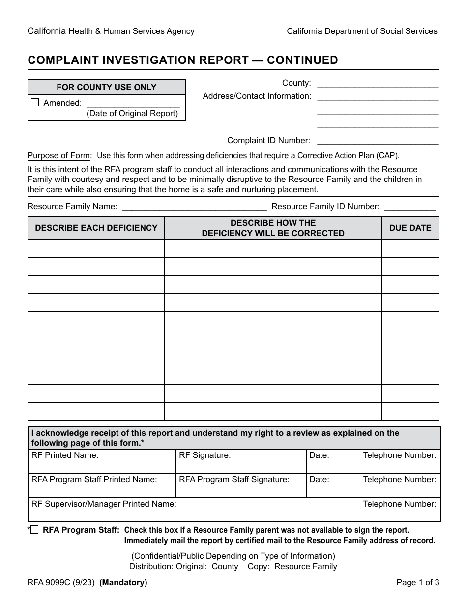 Form RFA9099C Download Fillable PDF or Fill Online Complaint ...