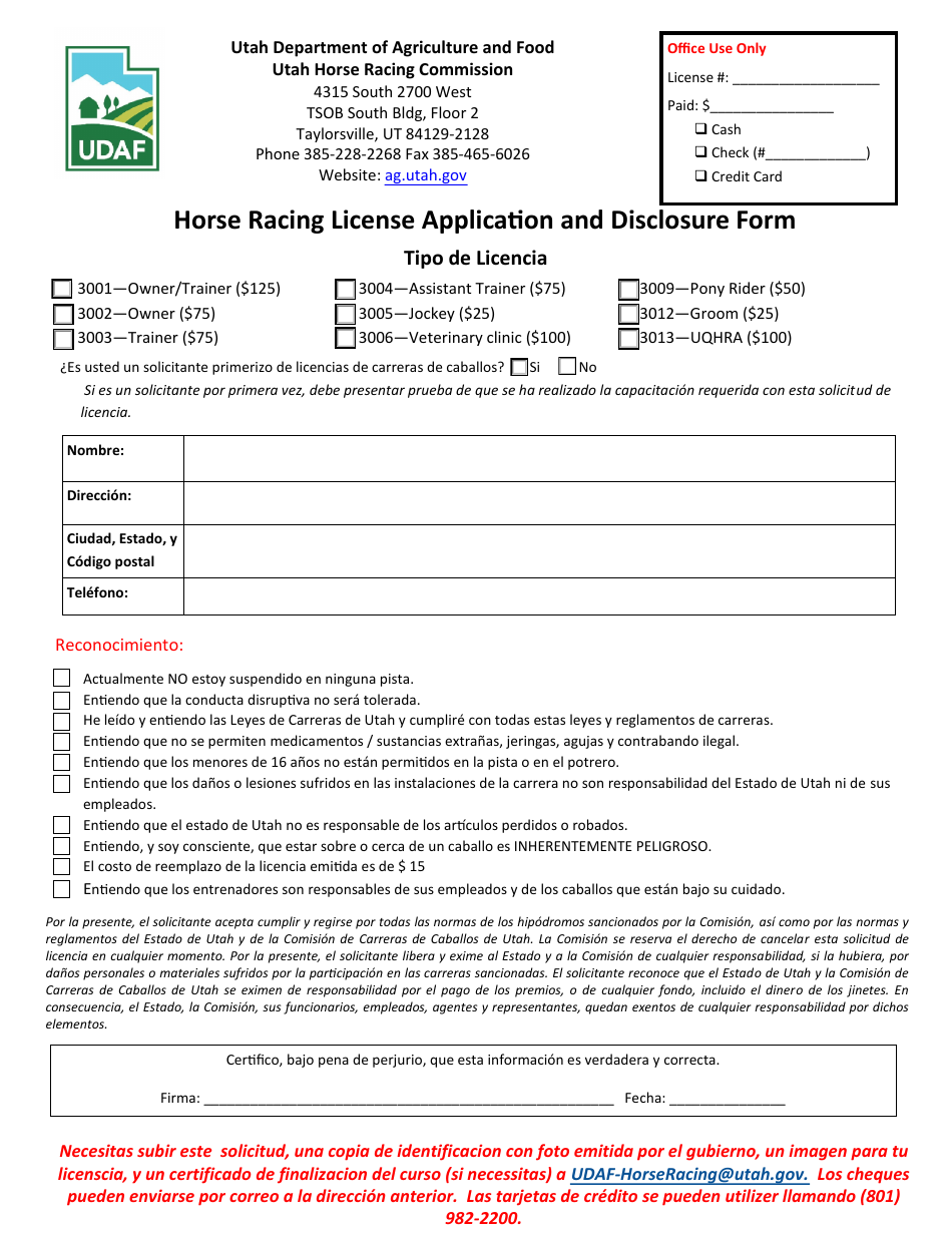 Utah Horse Racing License Application and Disclosure Form (Spanish ...