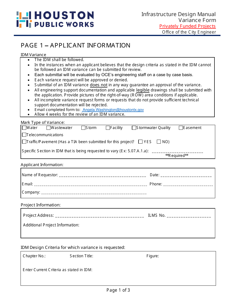 City of Houston, Texas Infrastructure Design Manual Variance Form ...