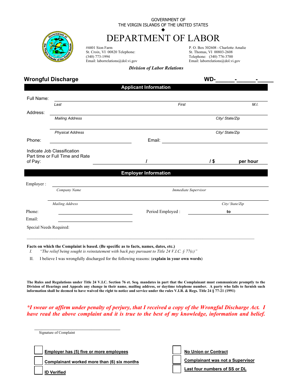Virgin Islands Wrongful Discharge - Fill Out, Sign Online and Download ...