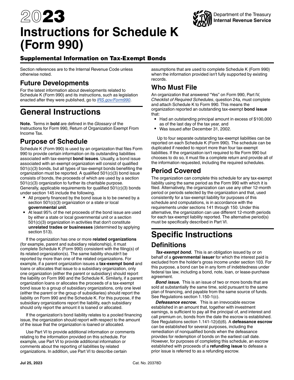 Download Instructions for IRS Form 990 Schedule K Supplemental ...