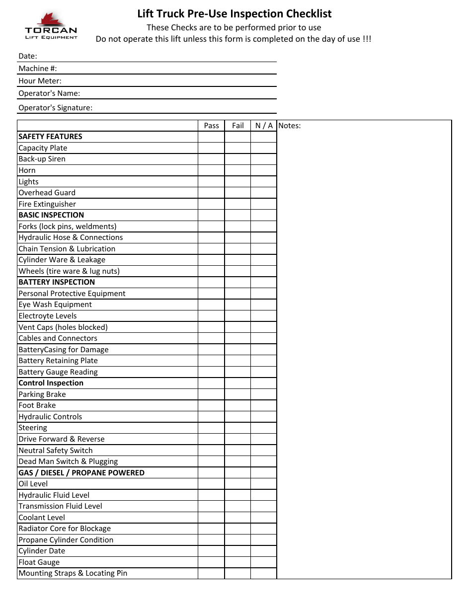 Forklift Pre Use Inspection Checklist Template