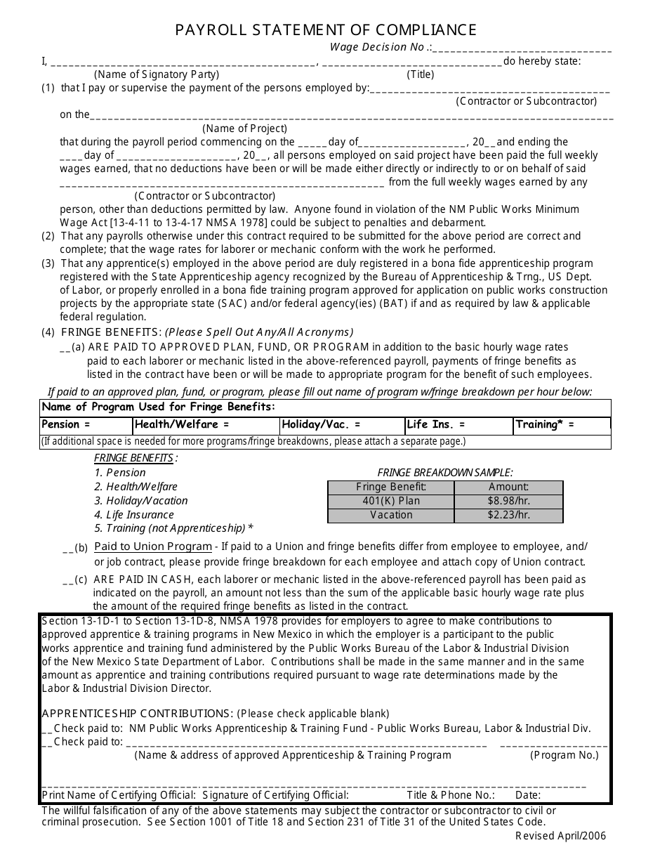 New Mexico Payroll Statement of Compliance - Fill Out, Sign Online and ...