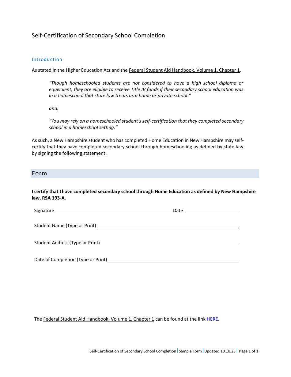 New Hampshire Self-certification of Secondary School Completion ...