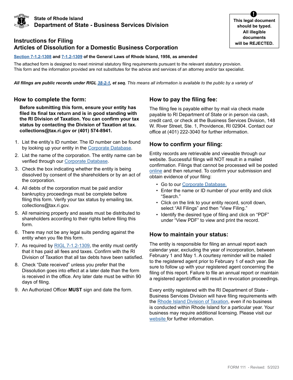Form 111 Download Fillable PDF or Fill Online Articles of Dissolution ...