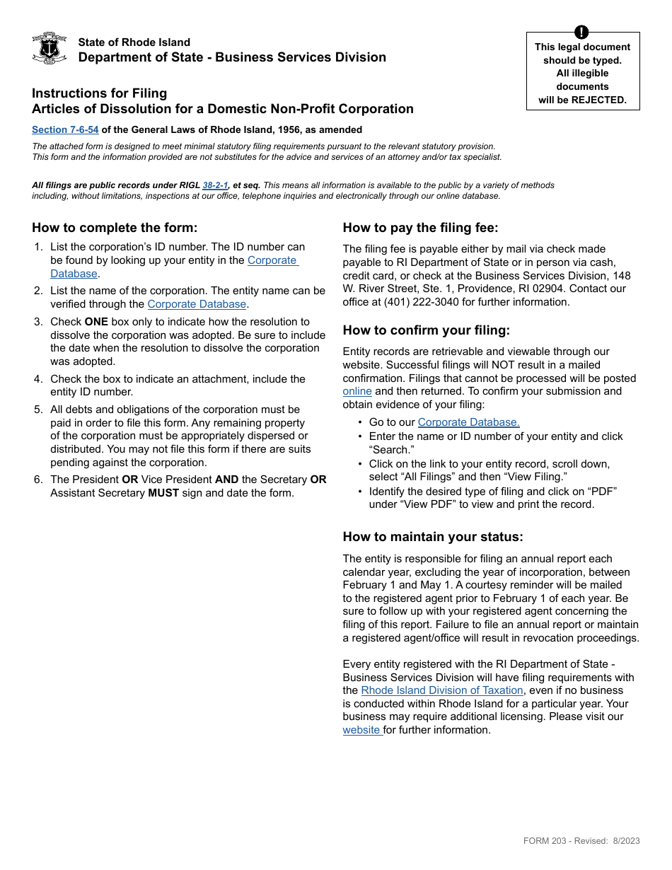Form 203 Download Fillable PDF or Fill Online Articles of Dissolution ...