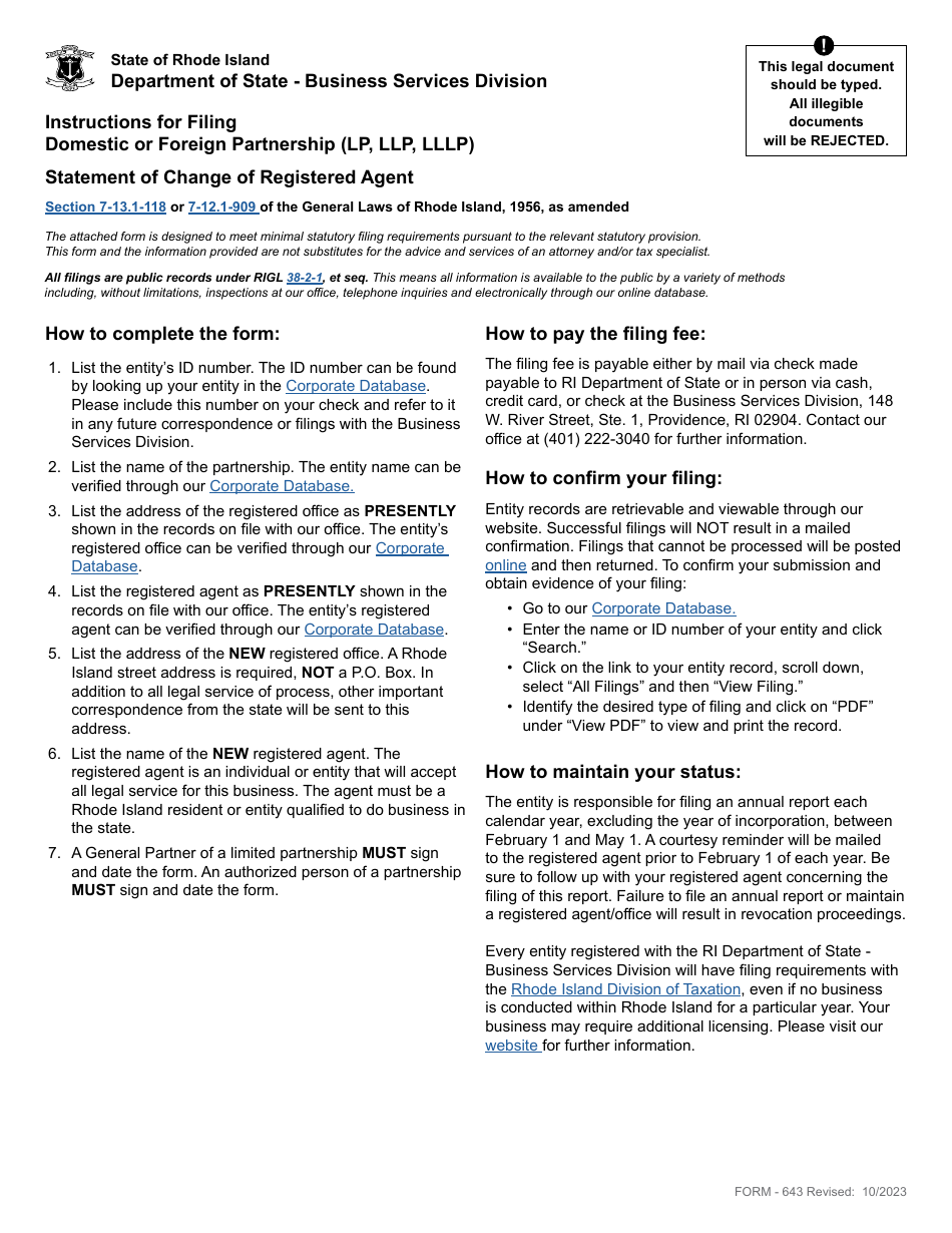 Form 643 Download Fillable PDF or Fill Online Statement of Change of ...