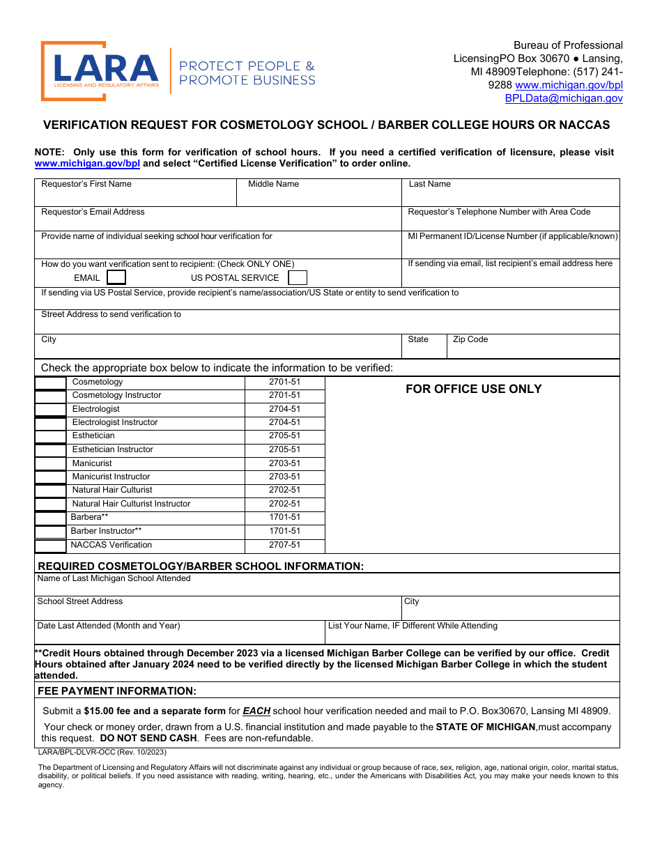 Form LARA/BPL-DLVR-OCC Download Fillable PDF or Fill Online ...