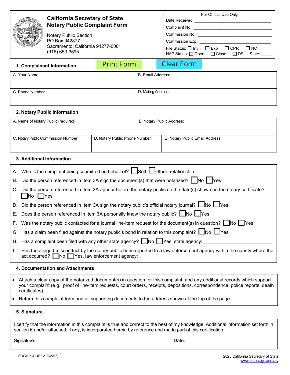 Form SOS/NP-30 - Fill Out, Sign Online and Download Fillable PDF ...