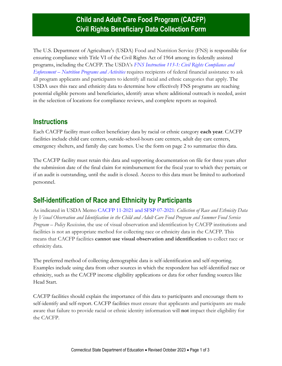 Connecticut CACFP Civil Rights Beneficiary Data Collection Form ...