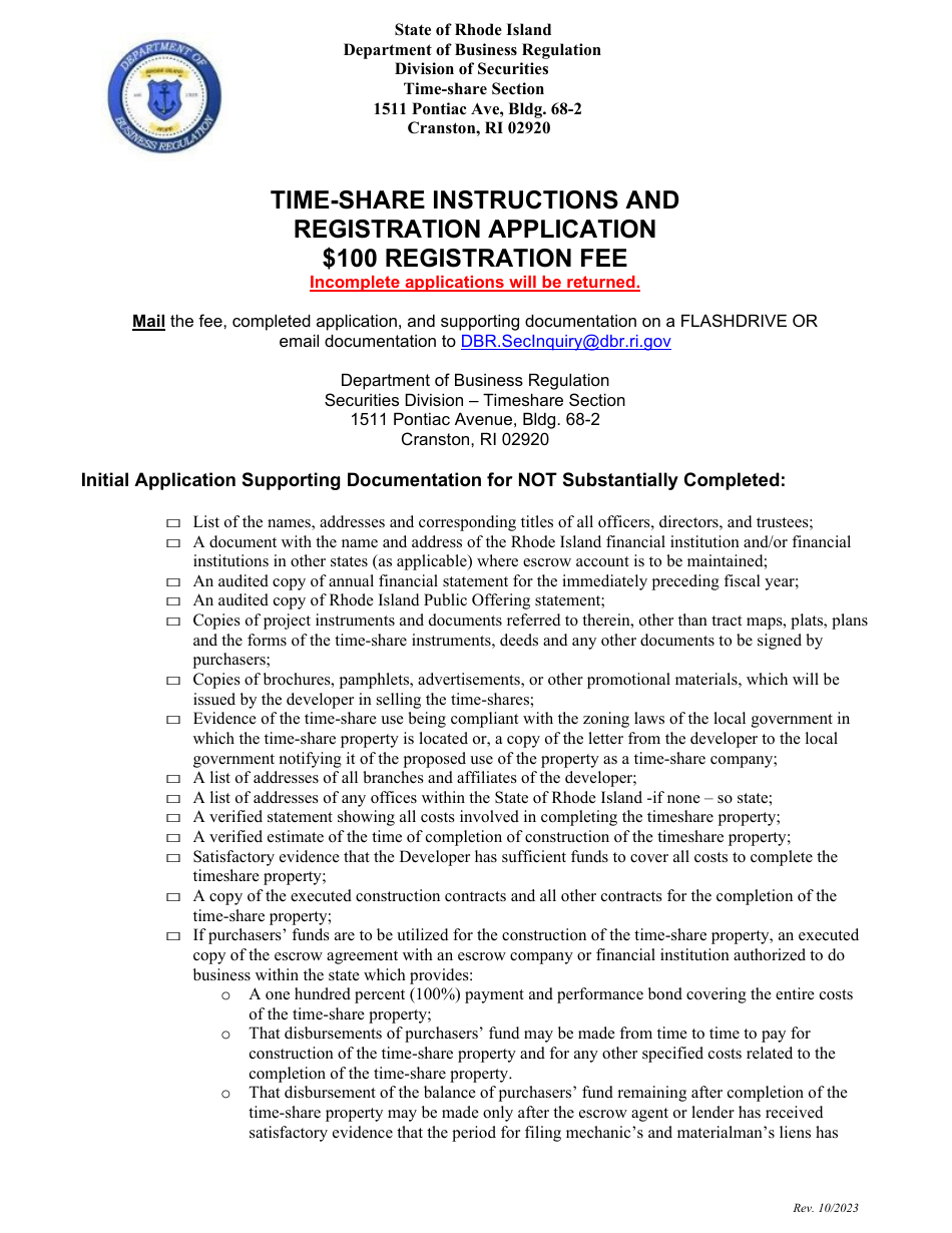 Rhode Island Timeshare Registration Application - Fill Out, Sign Online ...