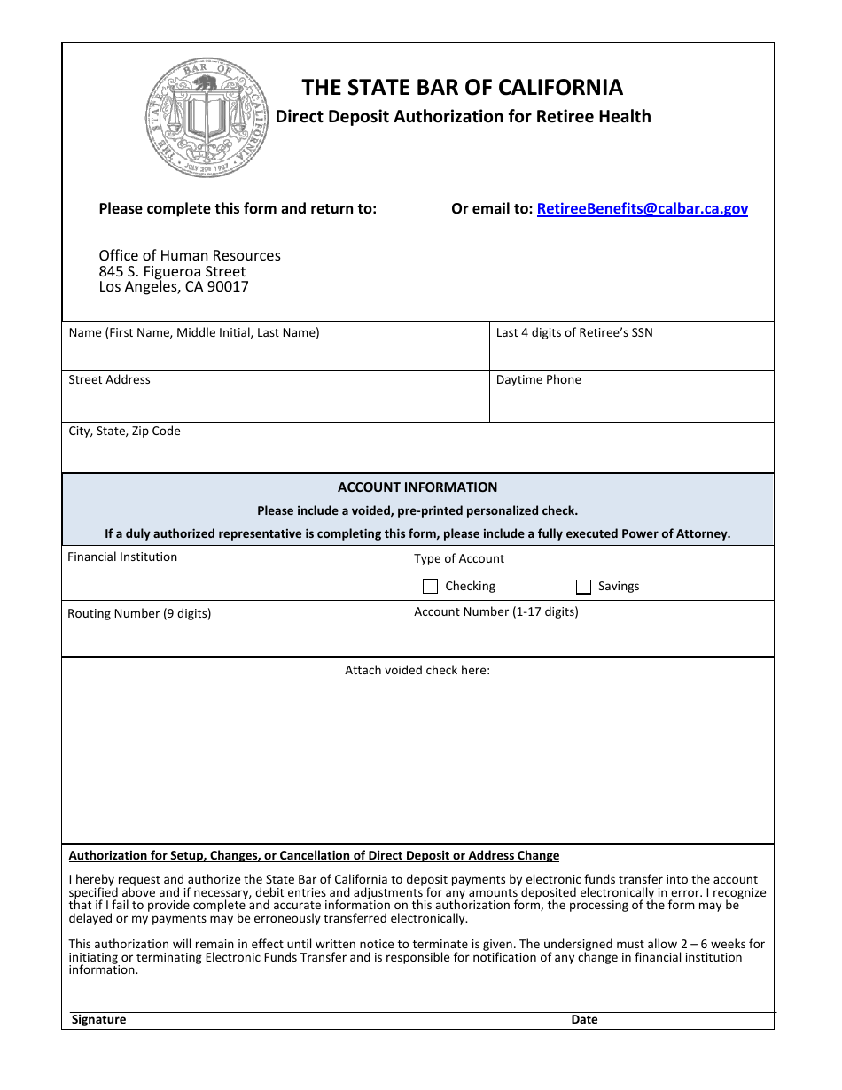 California Direct Deposit Authorization for Retiree Health - Fill Out ...