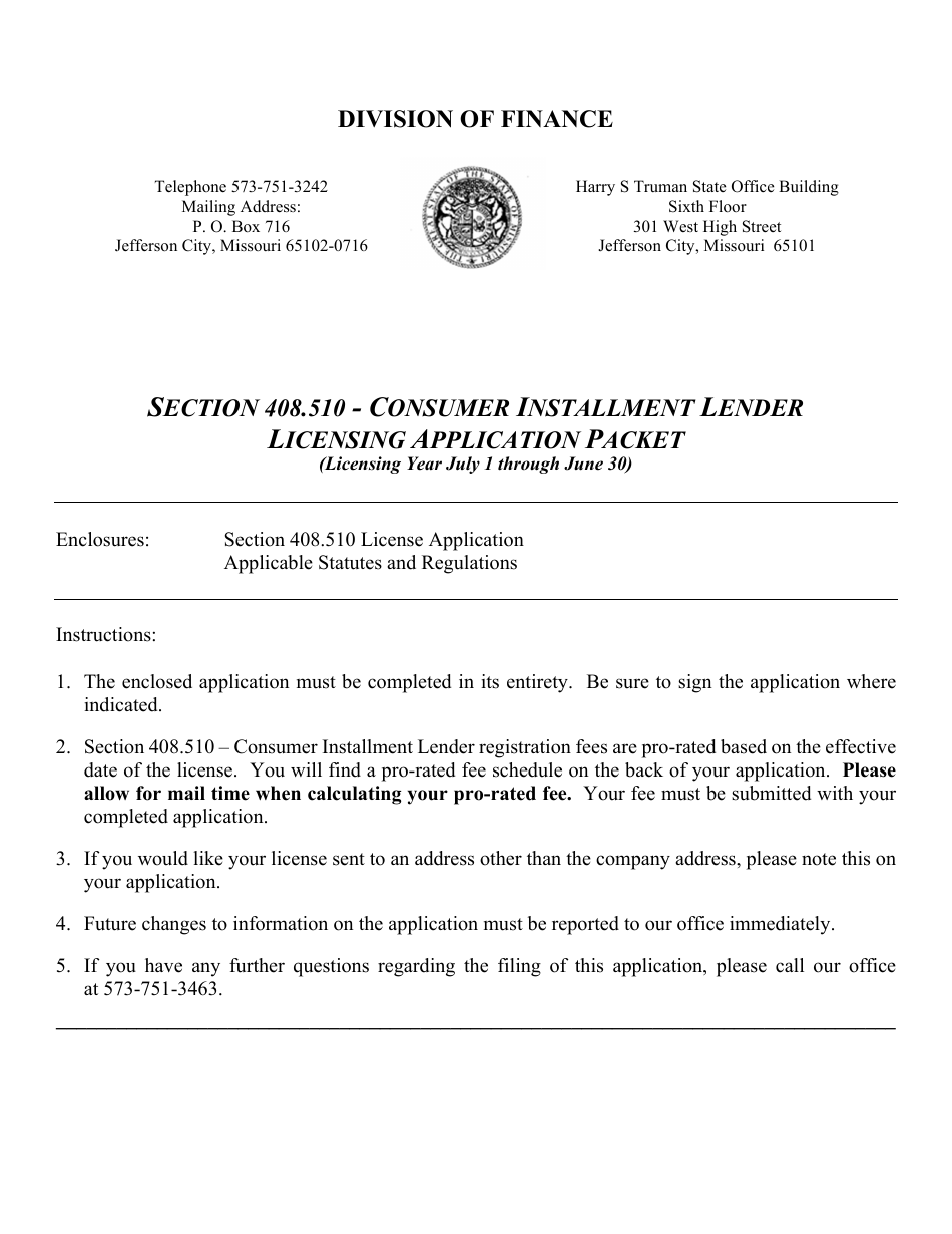 Missouri Application for Consumer Installment Lender Certificate of ...