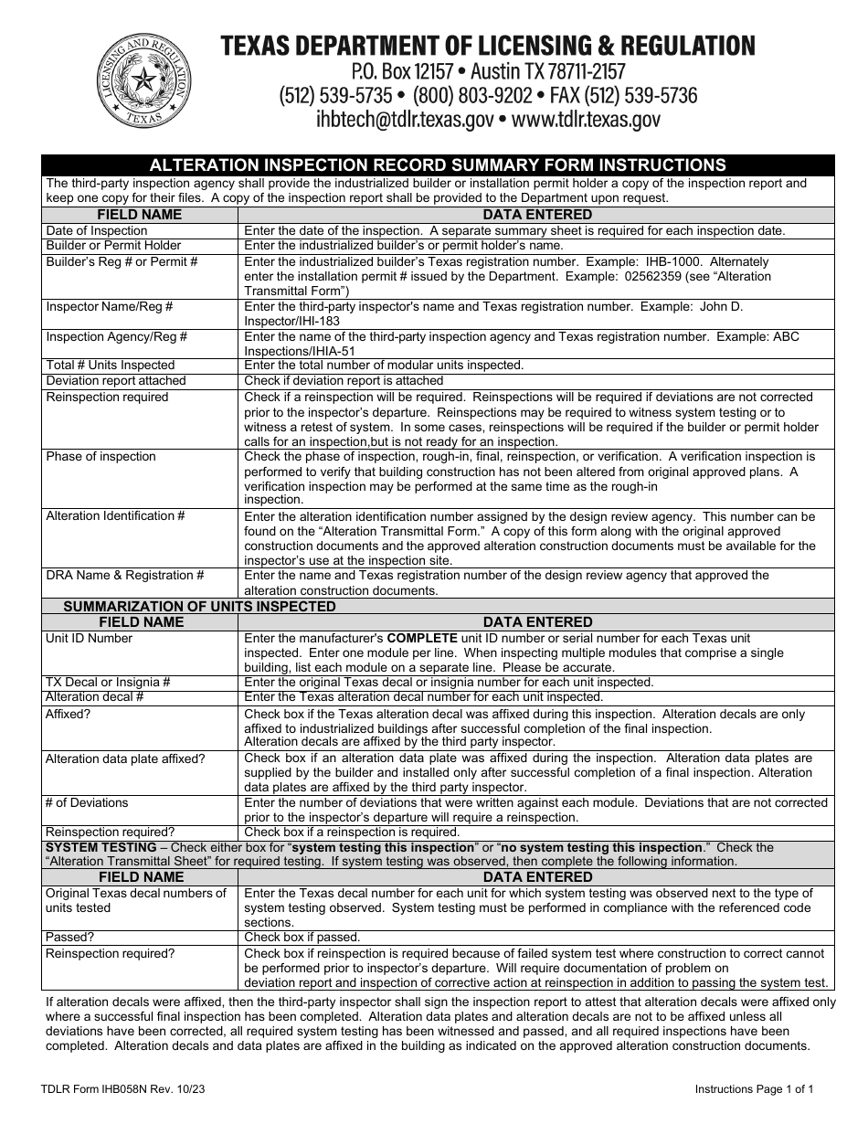TDLR Form IHB058N - Fill Out, Sign Online and Download Fillable PDF ...