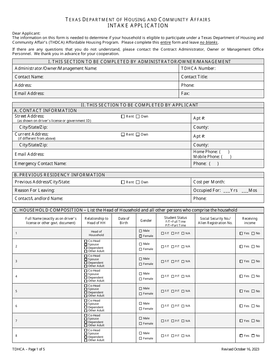 Texas Intake Application Download Fillable PDF | Templateroller