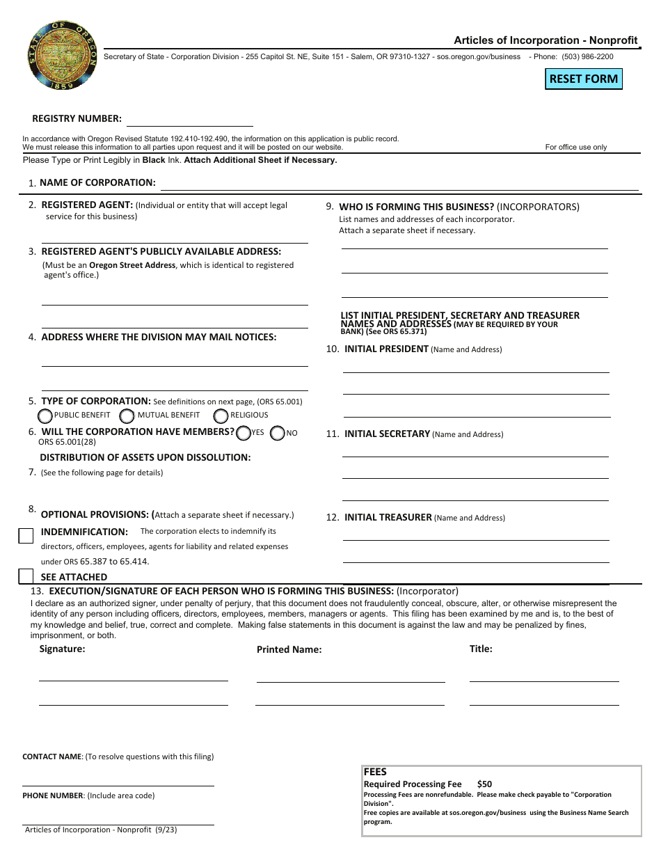 Oregon Articles of Incorporation - Nonprofit Download Fillable PDF 2019 ...