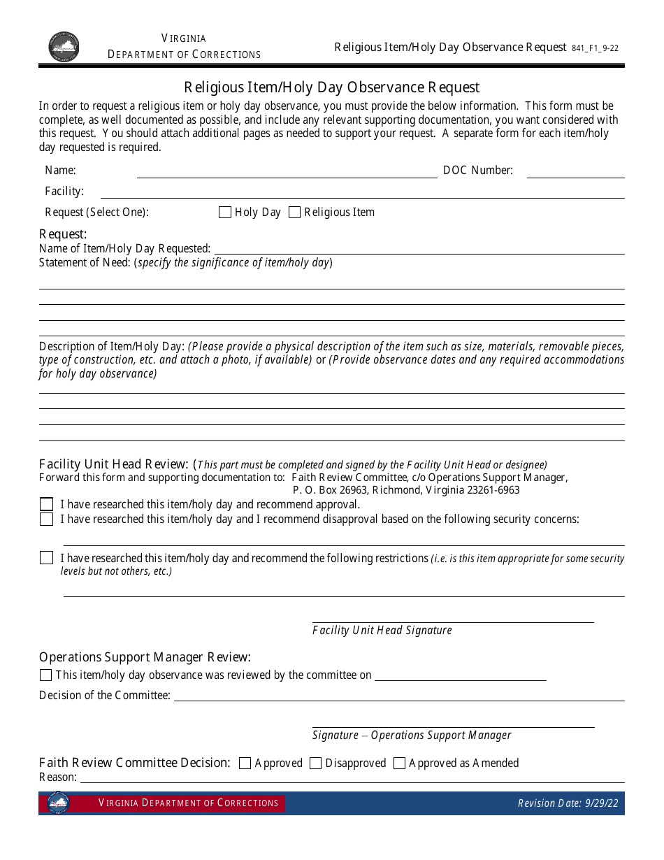 Form 1 Download Printable PDF or Fill Online Religious Item/Holy Day ...