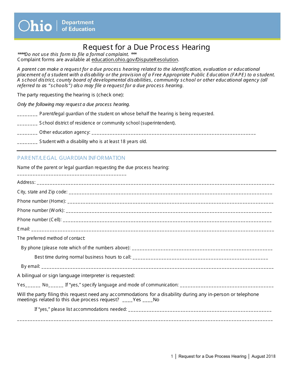 Ohio Request for a Due Process Hearing - Fill Out, Sign Online and ...