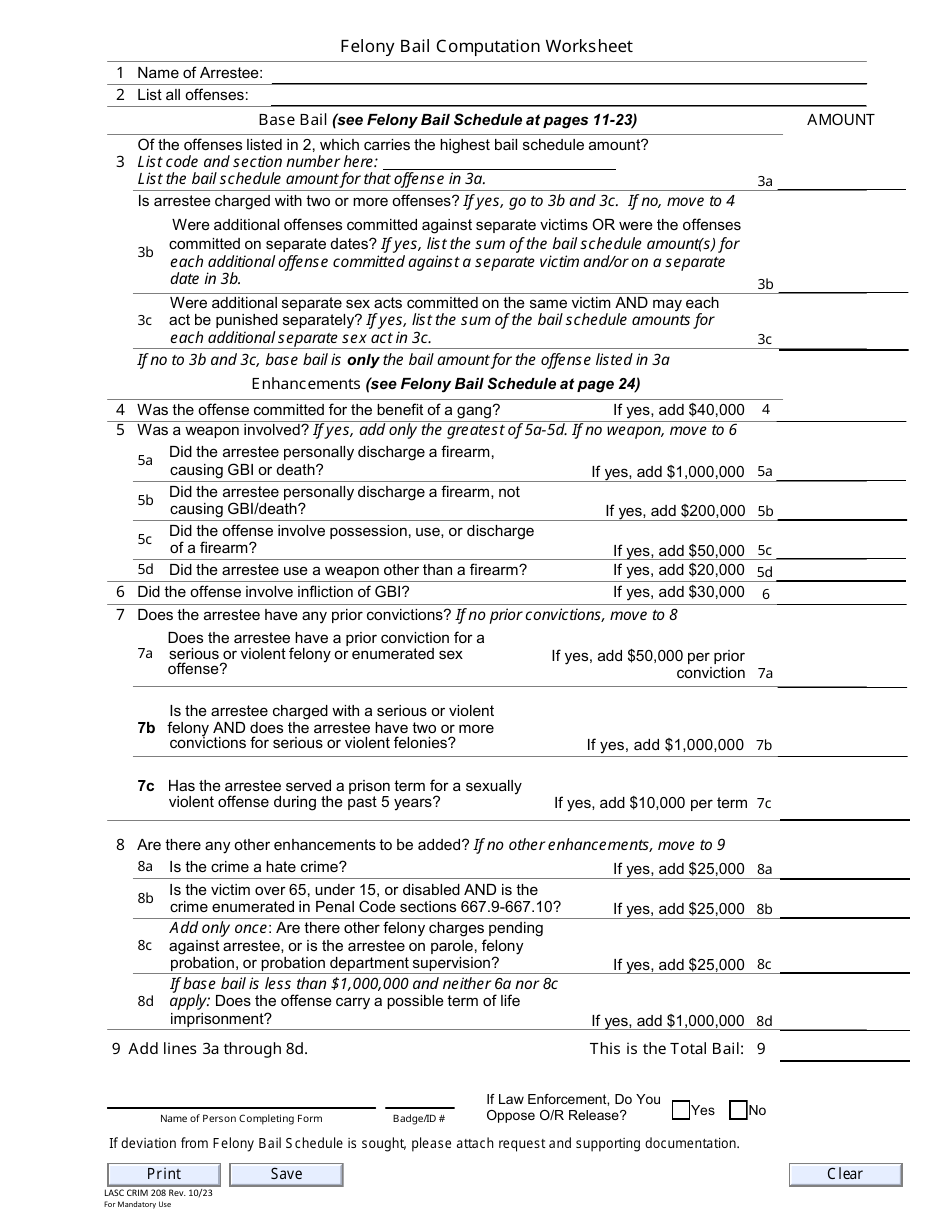 Form LASC CRIM208 Download Fillable PDF or Fill Online Felony Bail ...