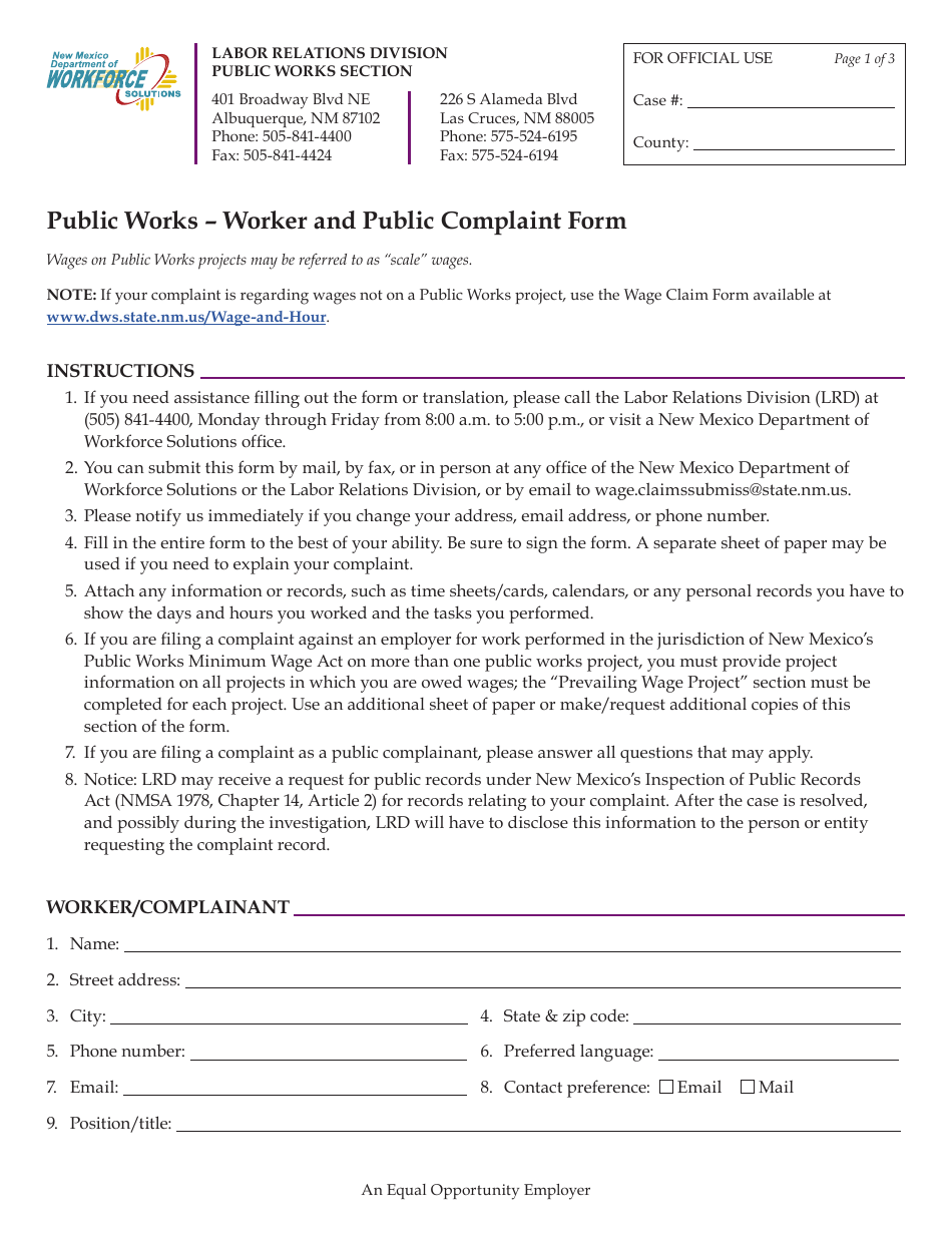 New Mexico Public Works - Worker and Public Complaint Form - Fill Out ...