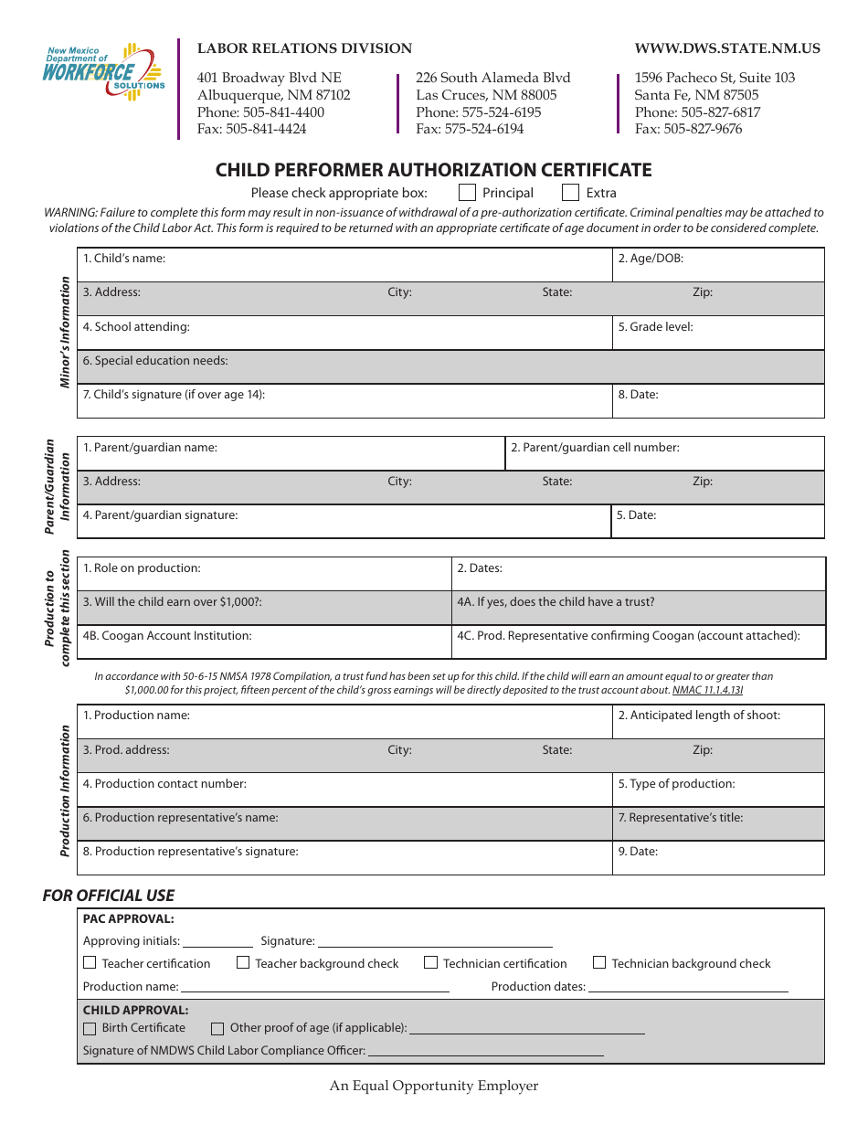 New Mexico Child Performer Authorization Certificate - Fill Out, Sign ...