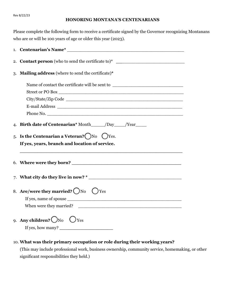 Montana Honoring Montana's Centenarians Download Fillable PDF ...