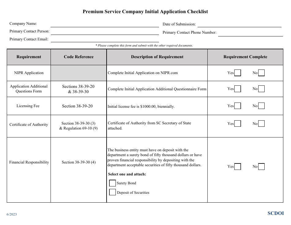 South Carolina Premium Service Company Initial Application Checklist ...