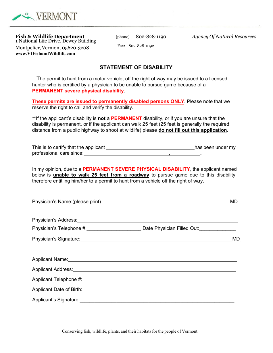 Vermont Statement of Disability Download Printable PDF | Templateroller