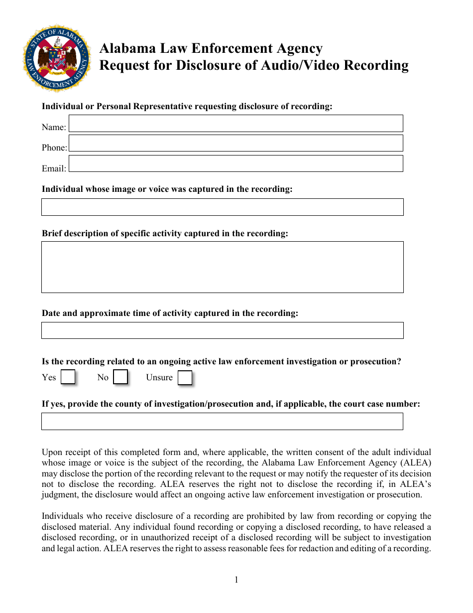 Alabama Request for Disclosure of Audio/Video Recording - Fill Out ...