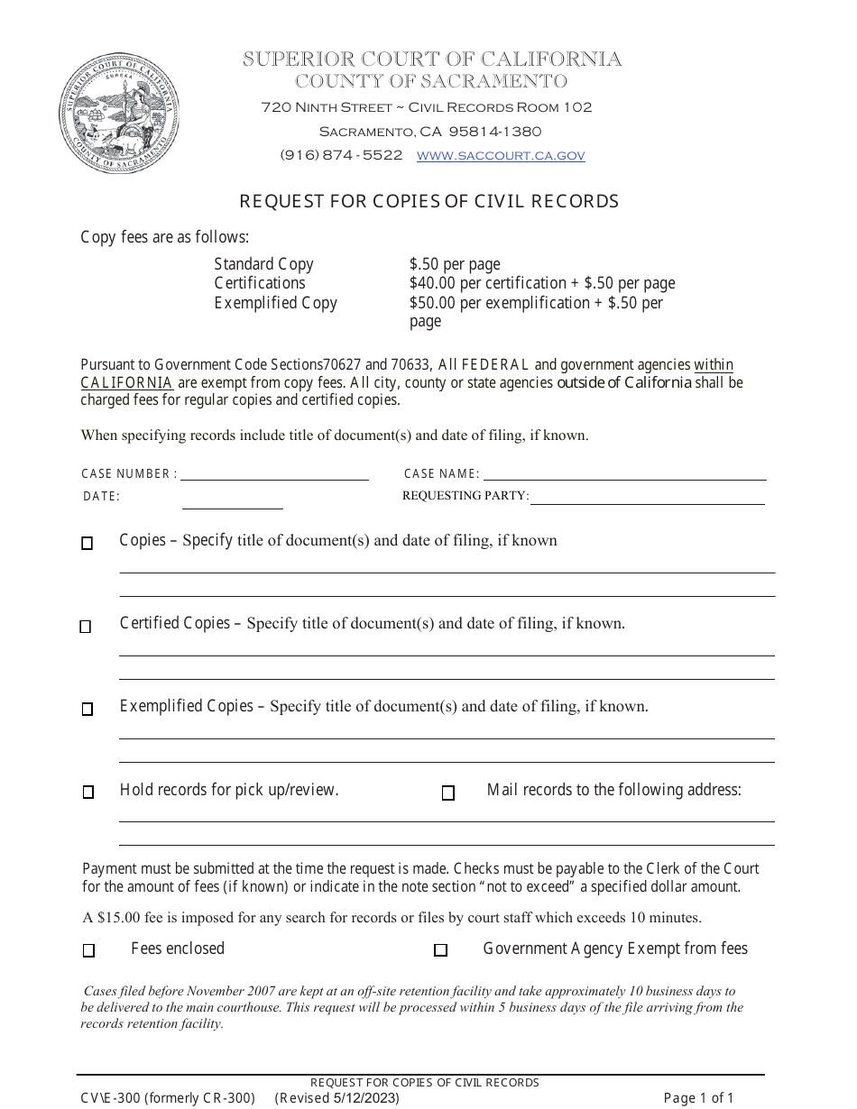 Form CV/E-300 Download Fillable PDF or Fill Online Request for Copies ...